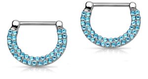 forbidden body jewelry 14g surgical steel double lined aqua blue crystal gemmed nipple piercing clicker ring set