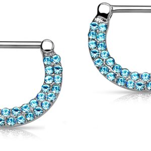 Forbidden Body Jewelry 14G Surgical Steel Double Lined Aqua Blue Crystal Gemmed Nipple Piercing Clicker Ring Set