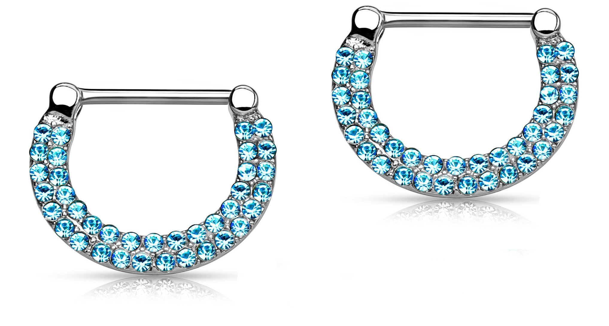 Forbidden Body Jewelry 14G Surgical Steel Double Lined Aqua Blue Crystal Gemmed Nipple Piercing Clicker Ring Set