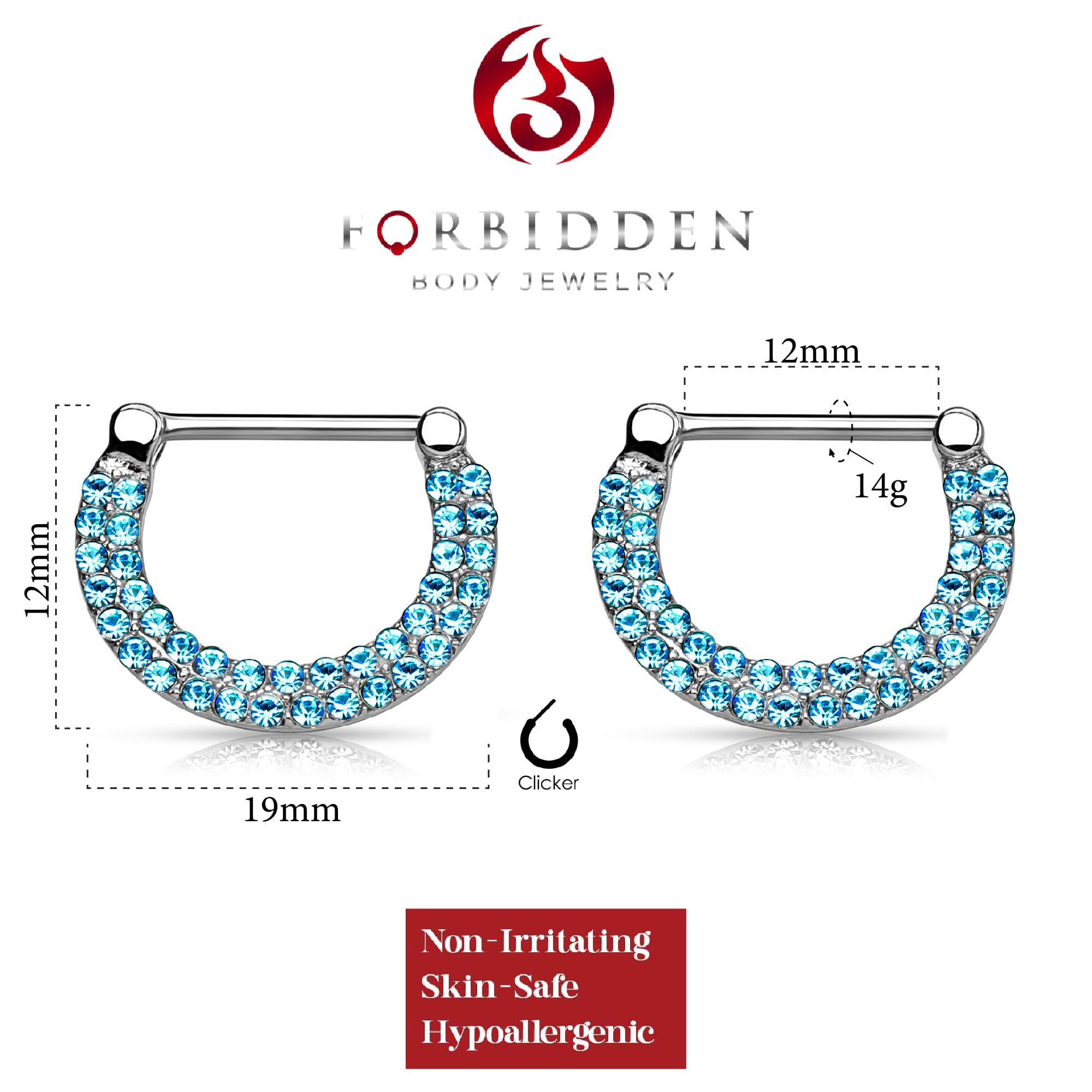 Forbidden Body Jewelry 14G Surgical Steel Double Lined Aqua Blue Crystal Gemmed Nipple Piercing Clicker Ring Set