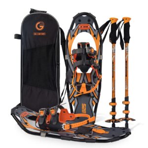 g2 25 inches orange light weight snowshoes for women men youth, set with trekking poles, tote bag, special eva padded ratchet binding, heel lift, toe box