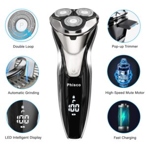 Phisco Electric Shaver Razor for Men with Floating Rotary Razor Ipx7 Led Display Rechargeable Dry/Wet Men's, Electric Shavers for Men Face with Pop-Up Beard Trimmer for Father Day Gifts