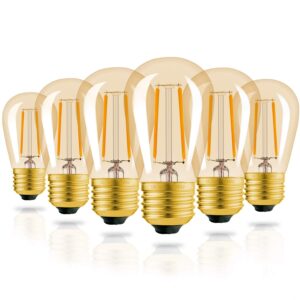 hizashi s14 replacement light bulbs, 2w=25 watt outdoor edison bulbs dimmable e26 base, amber 2200k s14 led bulbs, outdoor string lights bulbs replacement, shatterproof waterproof, ul listed, 6 pack