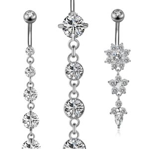 YOVORO 3PCS 14G 316L Stainless Steel Belly Button Rings for Women Navel Rings Barbell Dangle Flower CZ Body Piercing S