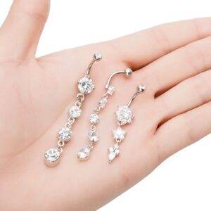 YOVORO 3PCS 14G 316L Stainless Steel Belly Button Rings for Women Navel Rings Barbell Dangle Flower CZ Body Piercing S