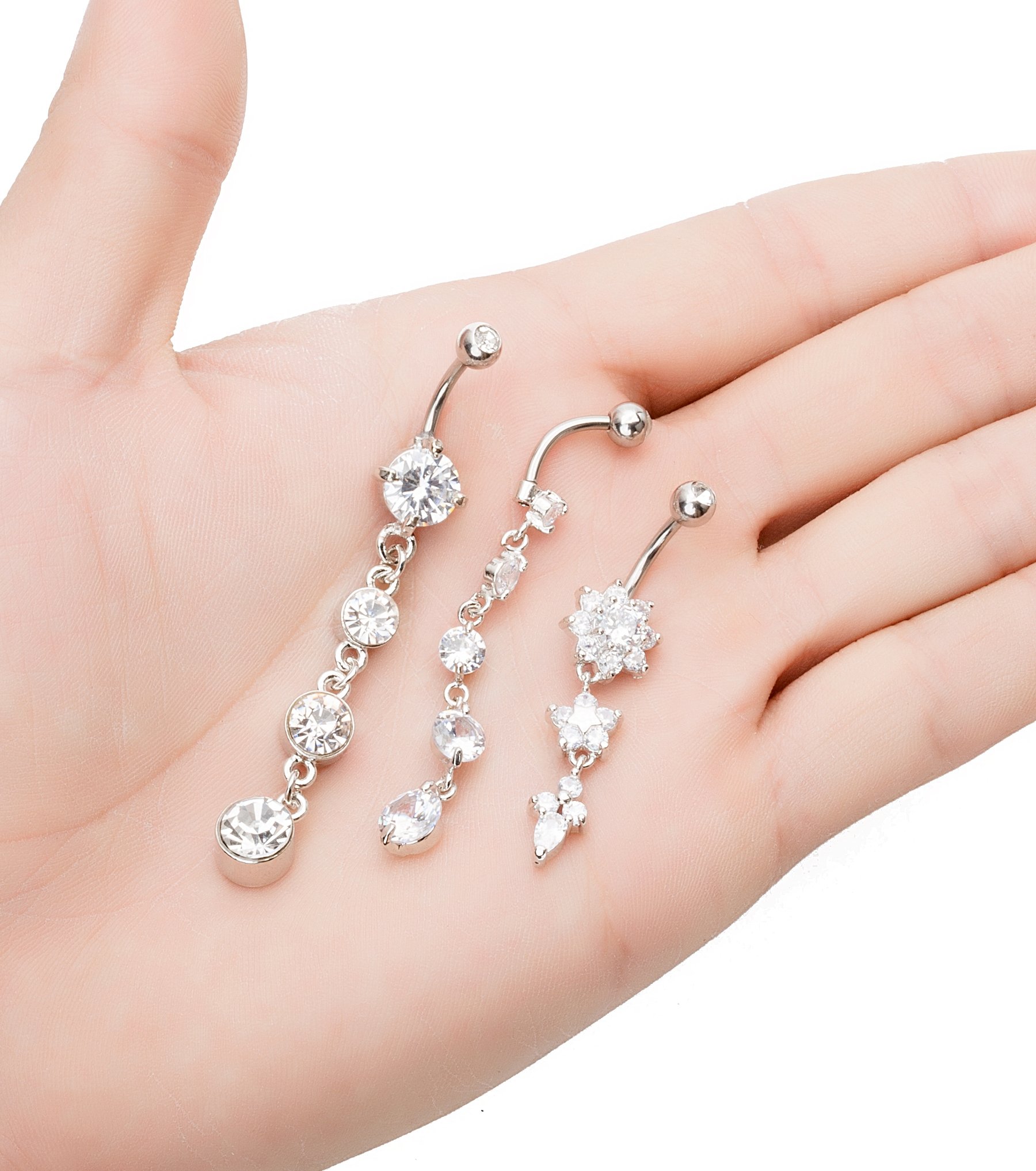 YOVORO 3PCS 14G 316L Stainless Steel Belly Button Rings for Women Navel Rings Barbell Dangle Flower CZ Body Piercing S