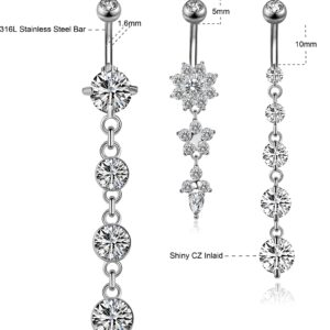 YOVORO 3PCS 14G 316L Stainless Steel Belly Button Rings for Women Navel Rings Barbell Dangle Flower CZ Body Piercing S