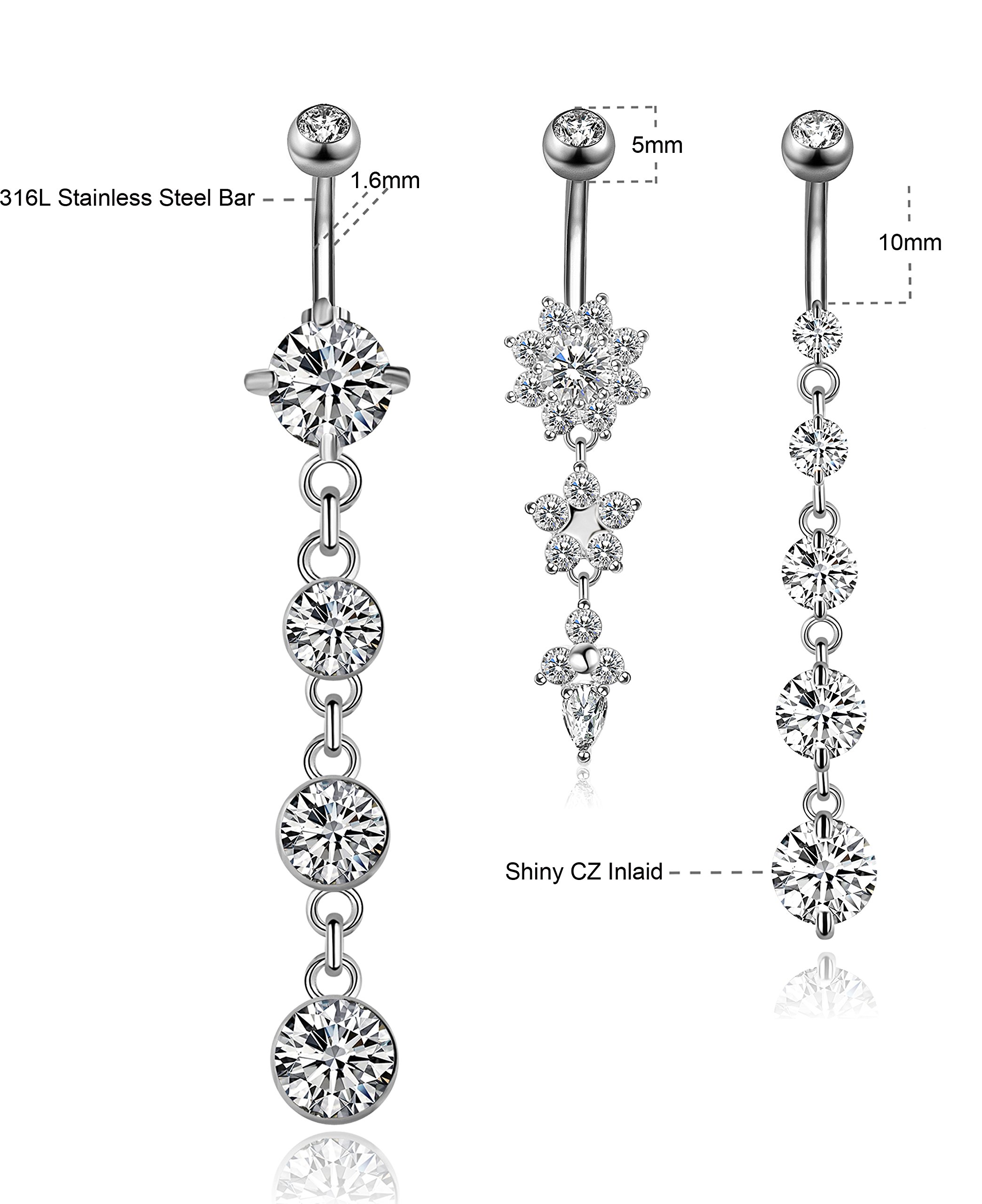 YOVORO 3PCS 14G 316L Stainless Steel Belly Button Rings for Women Navel Rings Barbell Dangle Flower CZ Body Piercing S