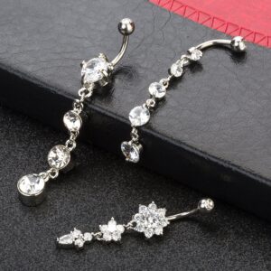 YOVORO 3PCS 14G 316L Stainless Steel Belly Button Rings for Women Navel Rings Barbell Dangle Flower CZ Body Piercing S