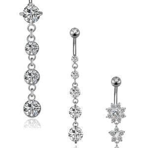 YOVORO 3PCS 14G 316L Stainless Steel Belly Button Rings for Women Navel Rings Barbell Dangle Flower CZ Body Piercing S