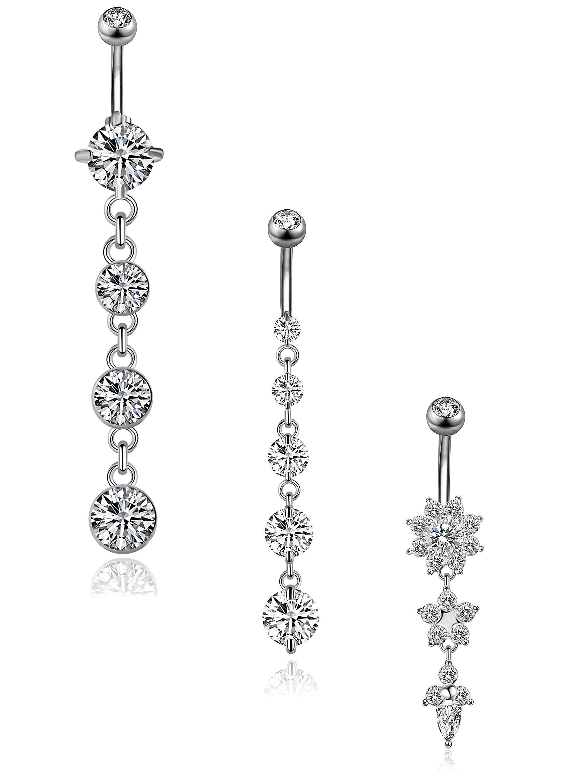 YOVORO 3PCS 14G 316L Stainless Steel Belly Button Rings for Women Navel Rings Barbell Dangle Flower CZ Body Piercing S