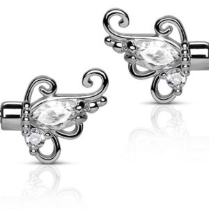 Forbidden Body Jewelry 14g 1/2 Inch (12mm) Surgical Steel Floral CZ Crystal Nipple Ring Barbell Set