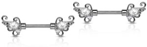 forbidden body jewelry 14g 1/2 inch (12mm) surgical steel floral cz crystal nipple ring barbell set