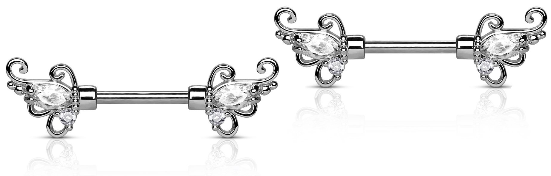 Forbidden Body Jewelry 14g 1/2 Inch (12mm) Surgical Steel Floral CZ Crystal Nipple Ring Barbell Set