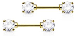 forbidden body jewelry 14g 1/2 inch (12mm) 14k gold plated clear cz crystal front facing gemmed nipple ring barbell set