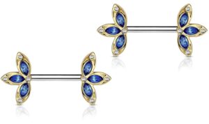 forbidden body jewelry 14g surgical steel gold ip plated 15mm blue cz marquise flower petal nipple piercing barbell set