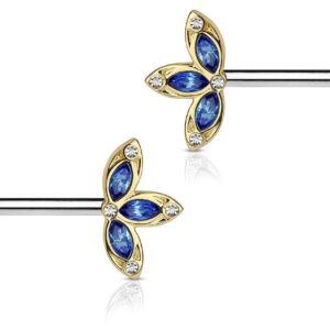 Forbidden Body Jewelry 14G Surgical Steel Gold IP Plated 15mm Blue CZ Marquise Flower Petal Nipple Piercing Barbell Set