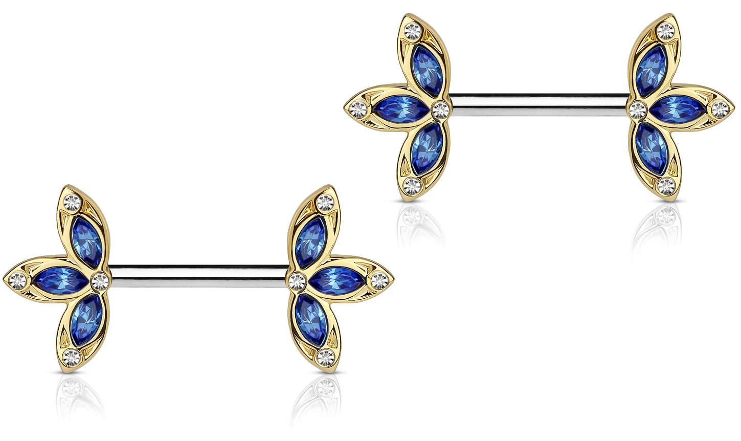 Forbidden Body Jewelry 14G Surgical Steel Gold IP Plated 15mm Blue CZ Marquise Flower Petal Nipple Piercing Barbell Set