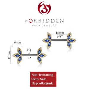 Forbidden Body Jewelry 14G Surgical Steel Gold IP Plated 15mm Blue CZ Marquise Flower Petal Nipple Piercing Barbell Set