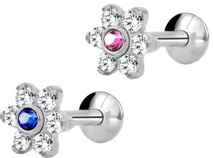 forbidden body jewelry 2 pack: 16g 8mm internally threaded tragus, helix earrings and labret studs with crystal flower tops