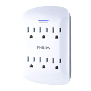 philips 6-outlet surge protector tap, 900 joules, space saving design, protection indicator led light, gray & white, spp3461wa/37