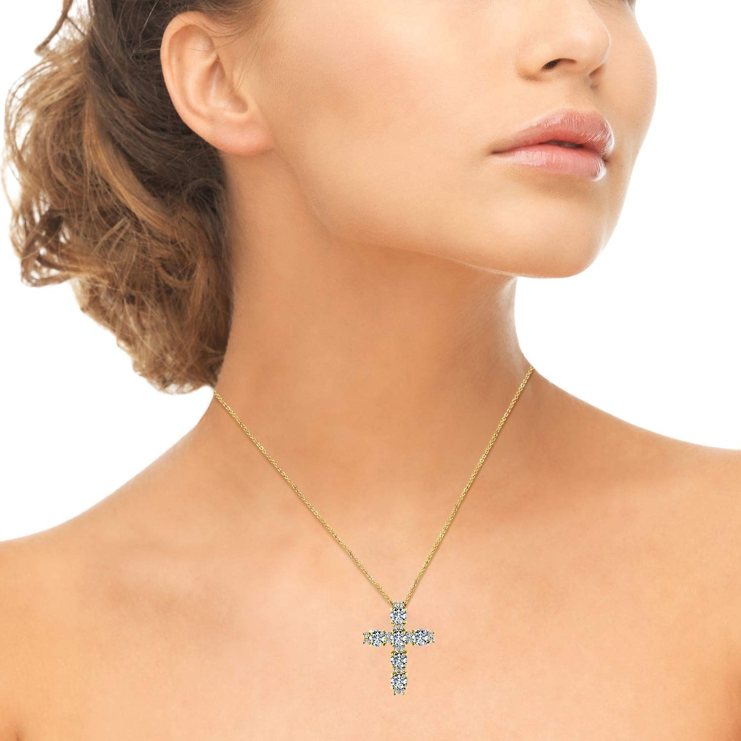 B. BRILLIANT Yellow Gold Flashed Sterling Silver Round-cut AAA Cubic Zirconia Large CZ Christian Gold Cross Necklace for Women with Gift Box