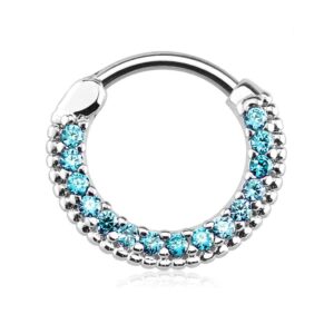 forbidden body jewelry 16g 10mm rounded top pave aqua blue cz clicker hoop for septum & cartilage piercings