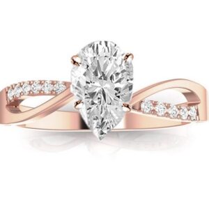 Houston Diamond District 0.83 Ctw 14K Rose Gold Elegant Twisting Split Shank Engagement Ring w/Pear 0.75 Carat Forever One Moissanite Center