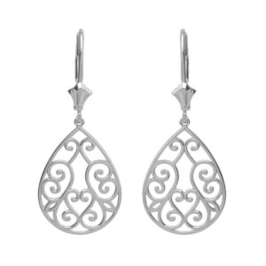 solid 14k white gold filigree teardrop dangle earrings