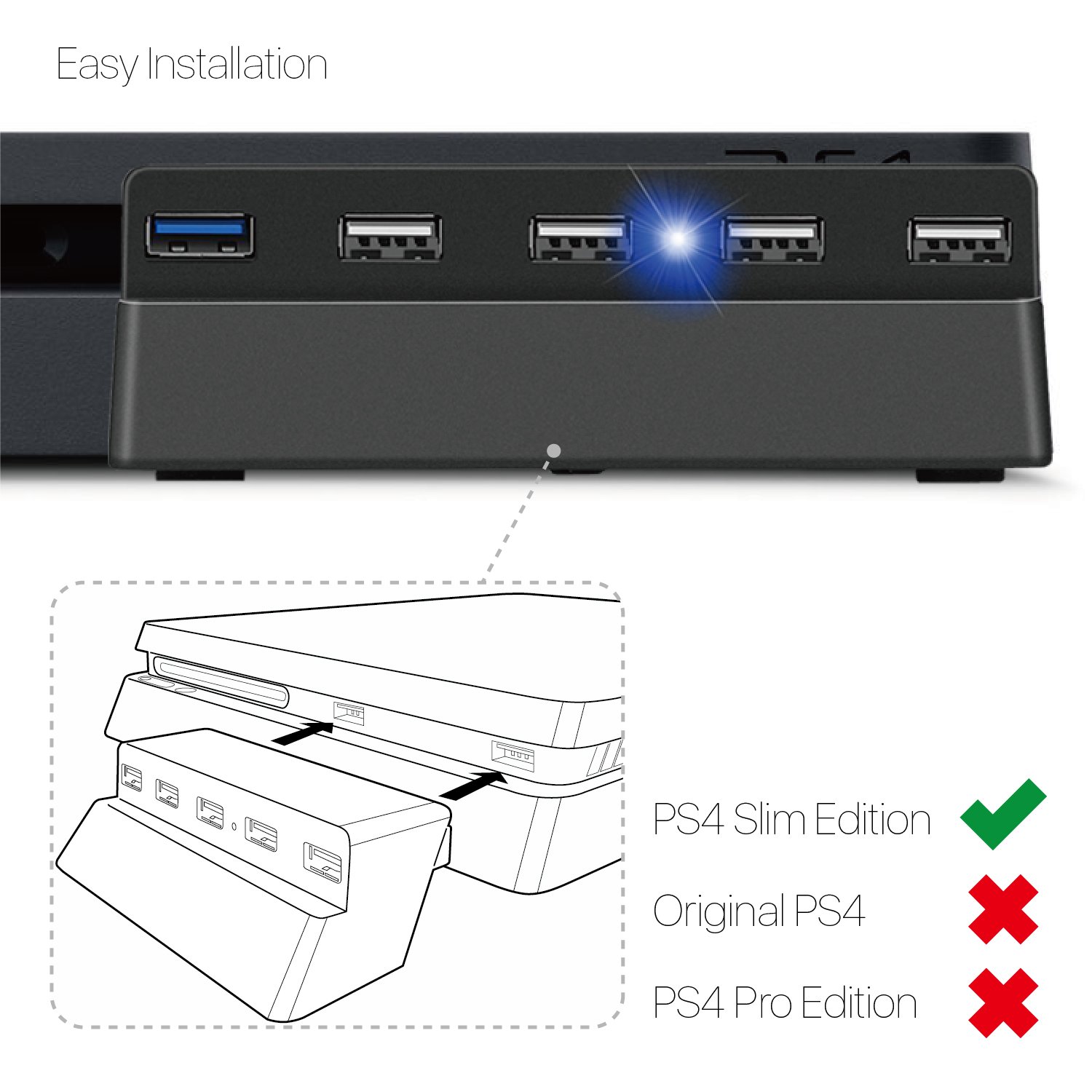 TNP 5 Port USB Hub for PS4 Slim Edition - USB 3.0/2.0 High Speed Extender Adapter Accessories Expansion Hub Connector Splitter Expander for PlayStation 4 Slim Gaming Console (for PS4 Slim ONLY)