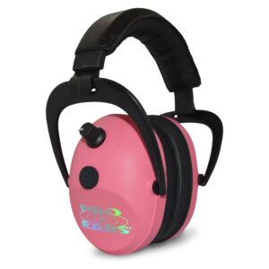 pro ears gold ii 26 ear muffs, nrr 26, military grade electronic hearing protection with dlsc compression, gel ear seals & auto shut off, amplifies sound 8x, made in usa, pink