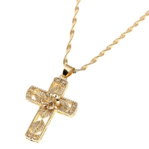 gold color flower leaf cross pendant necklace jewelry eterner life flower religious jewelry