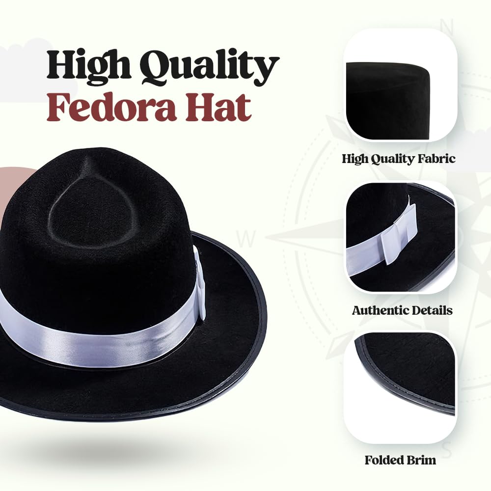 Funny Party Hats Black Fedora Hat - Gangster Hat - Black and White Fedora Hat - Mobster Hat (Fedora Hat)