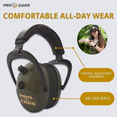 Pro Ears Gold II 26 Ear Muffs, NRR 26, Military Grade Electronic Hearing Protection with DLSC Compression, Gel Ear Seals & Auto Shut Off, Amplifies Sound 8x, Made in USA, Green