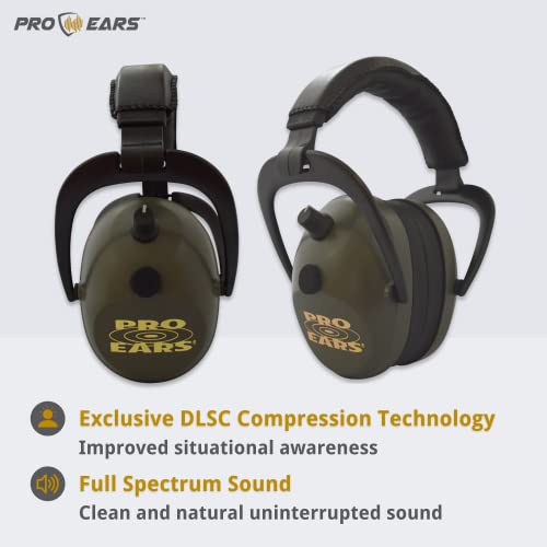 Pro Ears Gold II 26 Ear Muffs, NRR 26, Military Grade Electronic Hearing Protection with DLSC Compression, Gel Ear Seals & Auto Shut Off, Amplifies Sound 8x, Made in USA, Green