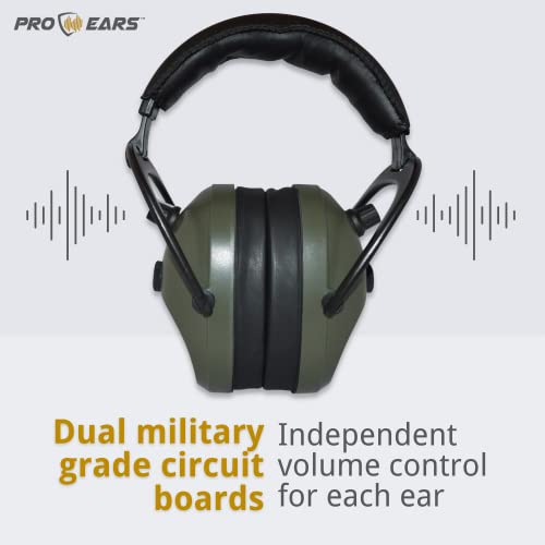 Pro Ears Gold II 26 Ear Muffs, NRR 26, Military Grade Electronic Hearing Protection with DLSC Compression, Gel Ear Seals & Auto Shut Off, Amplifies Sound 8x, Made in USA, Green