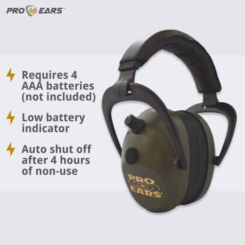 Pro Ears Gold II 26 Ear Muffs, NRR 26, Military Grade Electronic Hearing Protection with DLSC Compression, Gel Ear Seals & Auto Shut Off, Amplifies Sound 8x, Made in USA, Green