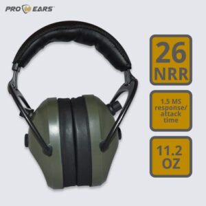 Pro Ears Gold II 26 Ear Muffs, NRR 26, Military Grade Electronic Hearing Protection with DLSC Compression, Gel Ear Seals & Auto Shut Off, Amplifies Sound 8x, Made in USA, Green