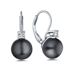 925 sterling silver cubic zirconia black freshwater cultured pearl drop & dangle leverback earrings (10mm black pearl)