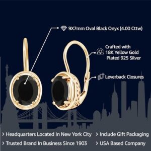 Gem Stone King 4.00 Cttw Black Onyx Dangle Earrings For Women In 18K Yellow Gold Plated Silver | Gemstone Birthstone | Oval 9X7MM