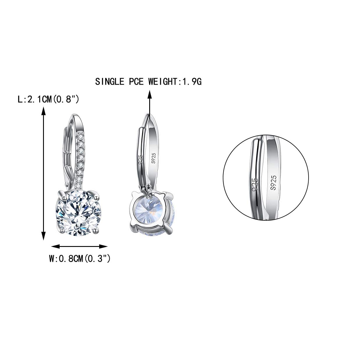 EVER FAITH 925 Sterling Silver Round Cut CZ Prong Setting Gorgeous Leverback Dangle Earrings Clear