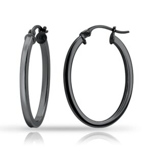 black flashed sterling silver 2mm oval square-tube hoop earrings, 20mm