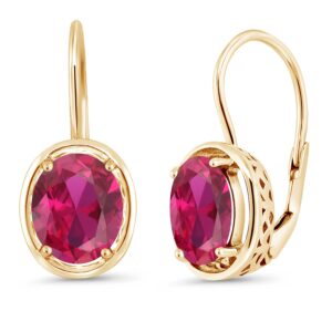 gem stone king 18k yellow gold plated silver red created ruby dangle earrings for women (4.00 cttw, oval 9x7mm)