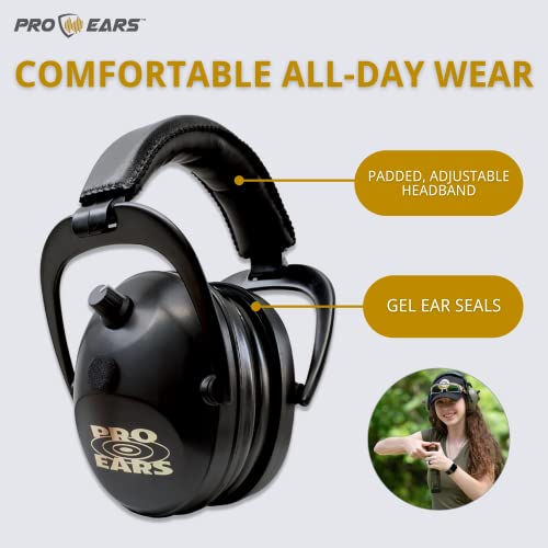 Pro Ears Gold II 26 Ear Muffs, NRR 26, Military Grade Electronic Hearing Protection with DLSC Compression, Gel Ear Seals & Auto Shut Off, Amplifies Sound 8x, Made in USA, Black