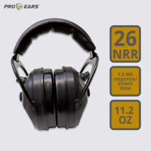 Pro Ears Gold II 26 Ear Muffs, NRR 26, Military Grade Electronic Hearing Protection with DLSC Compression, Gel Ear Seals & Auto Shut Off, Amplifies Sound 8x, Made in USA, Black