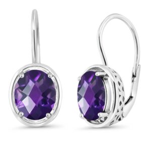 gem stone king 925 sterling silver purple amethyst dangle earrings for women | 3.00 cttw | gemstone birthstone | oval checkerboard 9x7mm