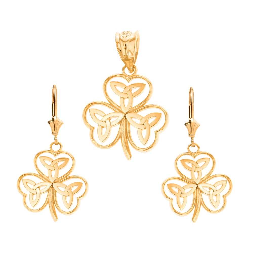 14k Yellow Gold Irish Shamrock Pendant with Celtic Trinity Knot Earring Set