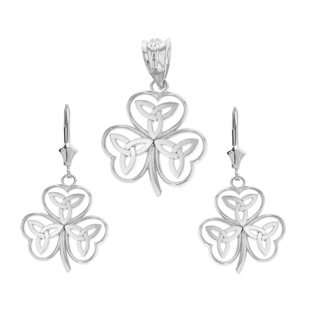 Claddagh Gold 925 Sterling Silver Irish Shamrock Pendant with Celtic Trinity Knot Earring Set