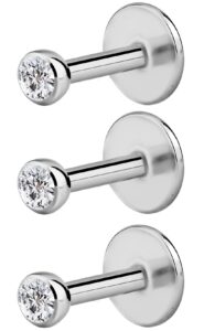 forbidden body jewelry surgical steel earrings internally threaded micro cz gem top tragus/helix/labret stud with 2mm top (18g, 4mm) 3 pack