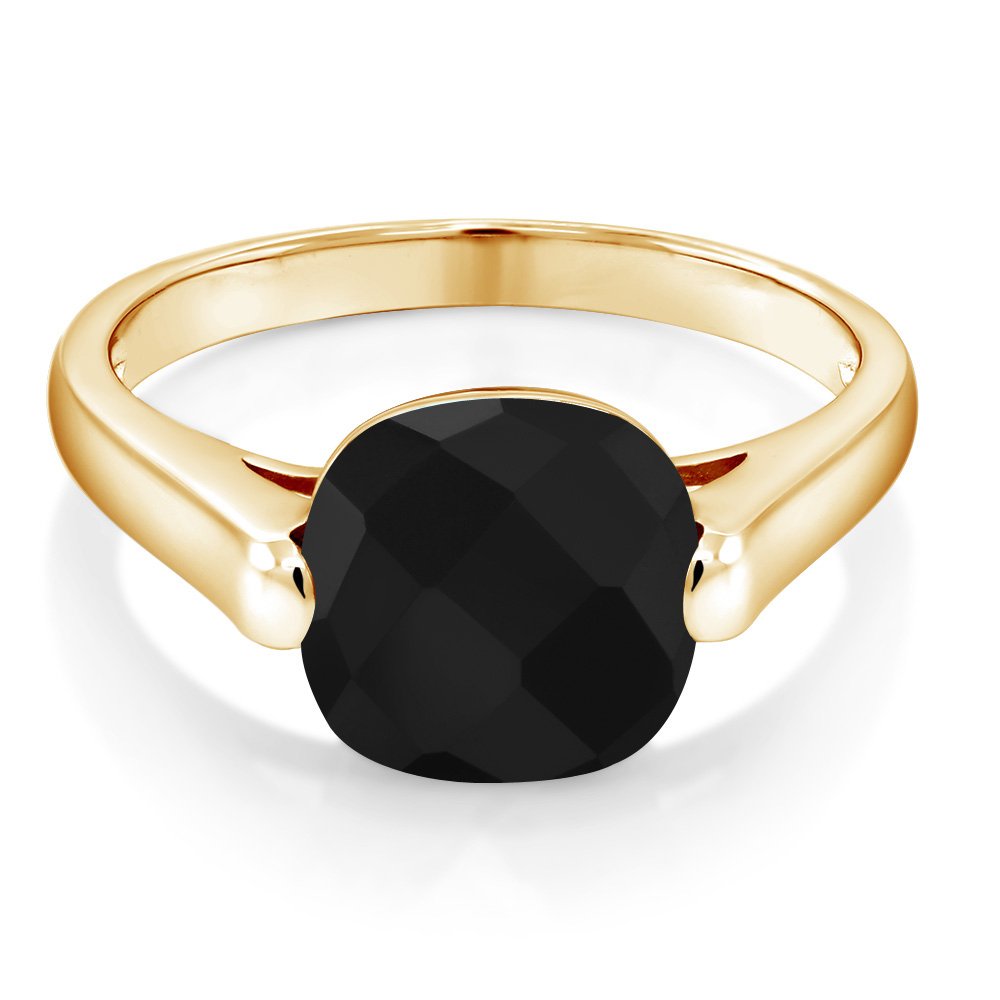 Gem Stone King 18K Yellow Gold Plated Silver Black Onyx Ring For Women (3.60 Cttw, Cushion Checkerboard 10MM, Gemstone Birthstone, Available In Size 5, 6, 7, 8, 9)